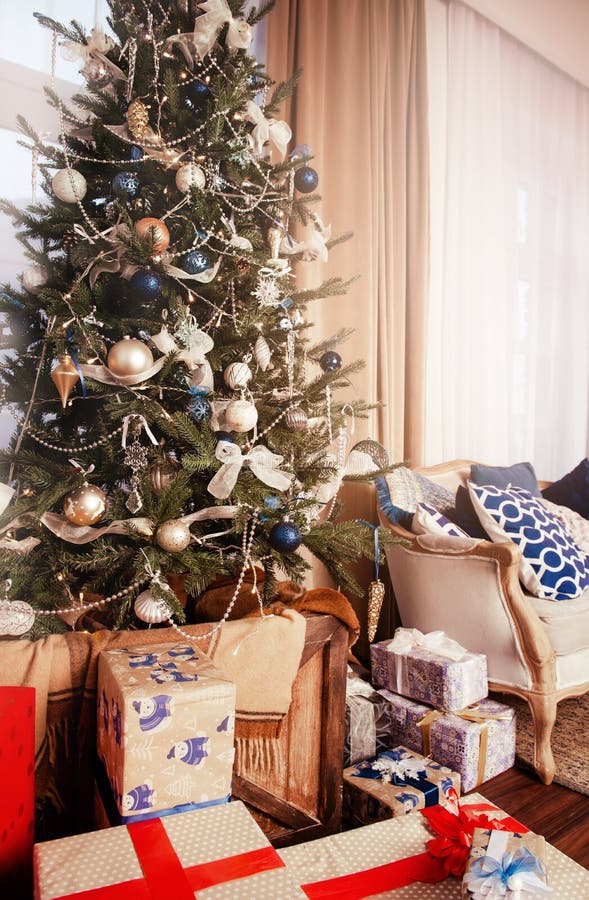 Christmas Tree with Big Colourful Presents White Vertical Stock Image ...