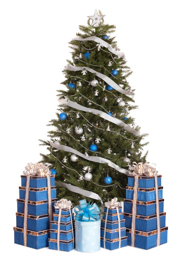 Christmas Tree with Blue Ball, Gift Box Group. Stock Image - Image of ...