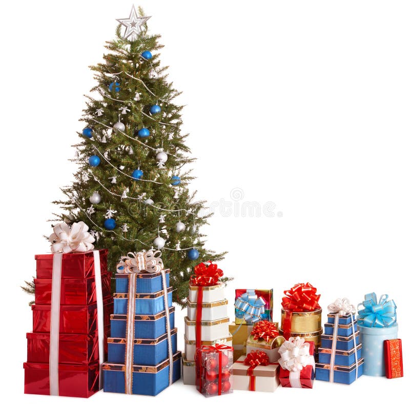 Christmas Tree Blue, Group Gift Box, Copy Space. Stock Photo - Image of ...