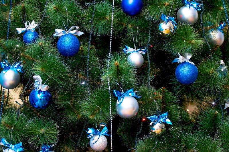 Christmas Tree with Blue and Silver Balls Stock Photo - Image of blue ...