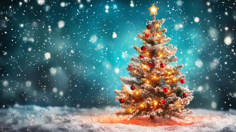 Christmas Tree on Blurry Glowy Lights at Top of Blurred Mountain ...