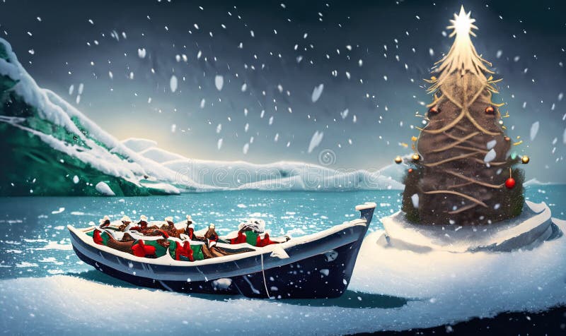 Christmas tree and boat stock illustration. Illustration of coast ...