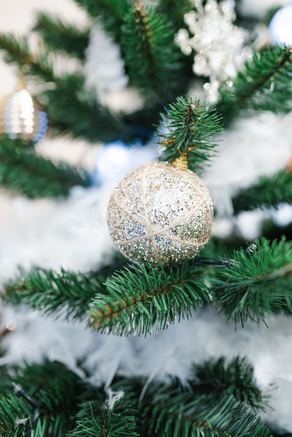 Christmas Tree Branch Decorated with Silver Balls and White Decor Stock ...