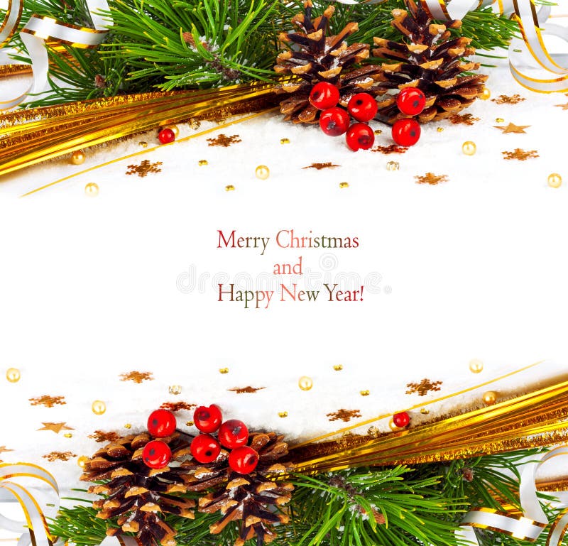 Christmas Tree Branch with Gold Serpentine and Cones Stock Photo ...