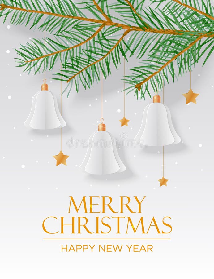 Christmas Tree Branch with Paper Bells and Stars on a White Background ...