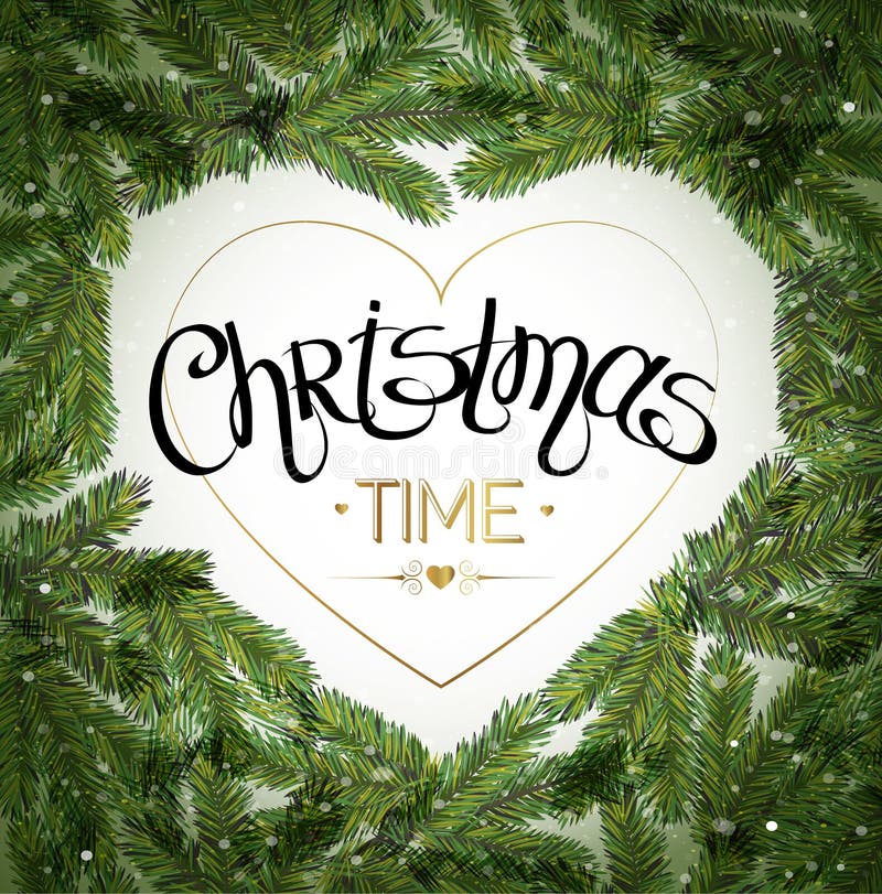 Christmas Tree Branches Border. Merry Christmas Lettering. Vector Stock ...