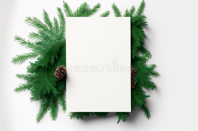 Christmas Tree Branches and Paper Card Note Frame on White Background ...