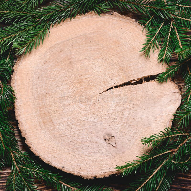 Christmas Tree with Branches on the Table. Round Mockup. Rustic Style ...