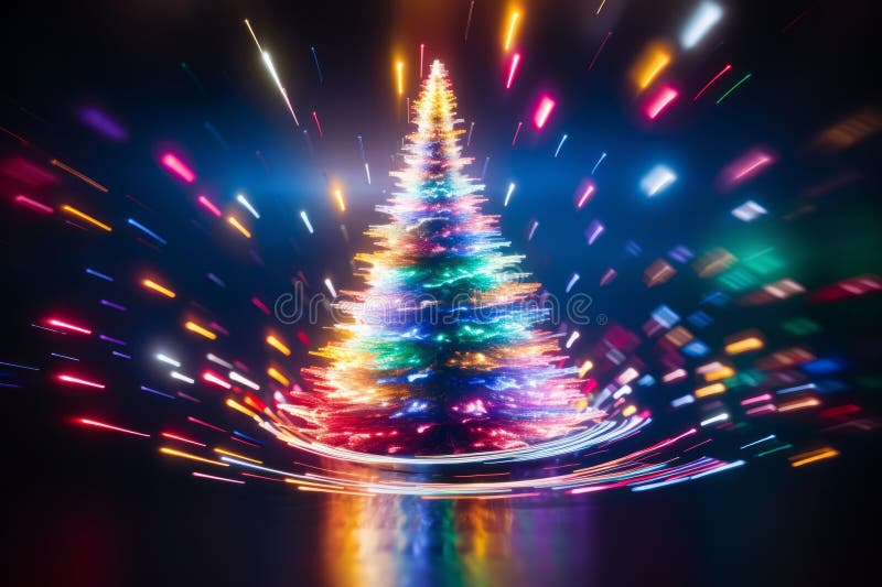 A Christmas Tree with Bright Lights on a Black Background Stock ...