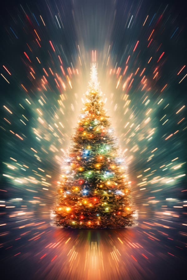 A Christmas Tree with Bright Lights on a Dark Background Stock ...