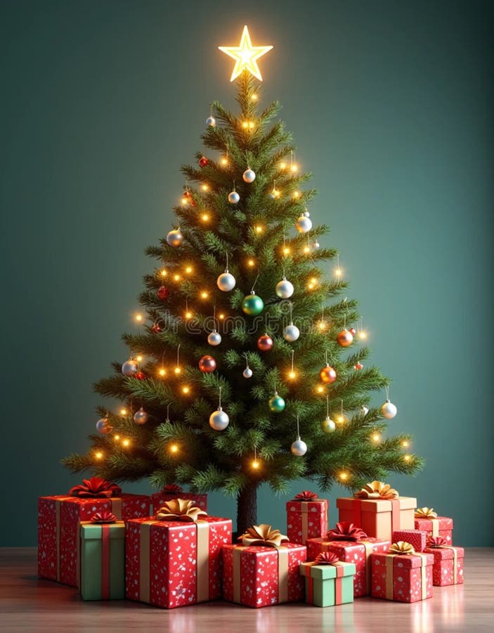 A Christmas Tree with Brightly Lit Star Decorations Stock Illustration ...