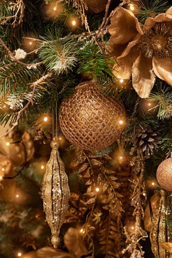 Christmas Tree with Brown and Gold Decor and Lights. Stock Image ...