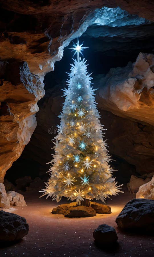 A Christmas Tree in a Cave, Illuminated by the Glow of Crystals ...