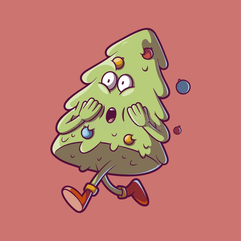 Christmas Tree Character Running with a Scared Face Vector Illustration ...