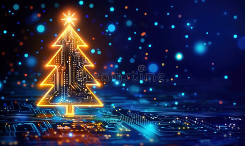 Christmas Tree Circuit Board Design Glowing Lights Digital Background ...