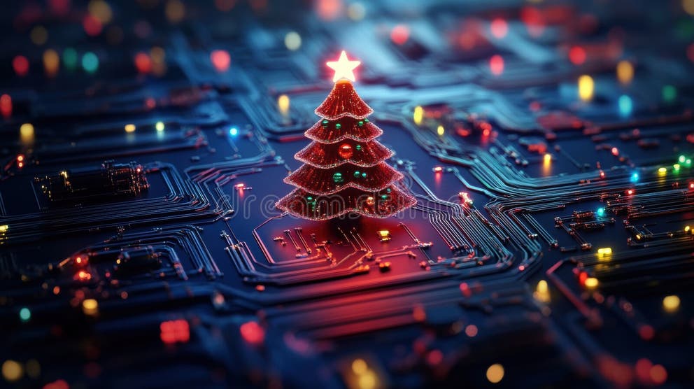 A Christmas Tree on a Circuit Board with Lights Stock Illustration ...