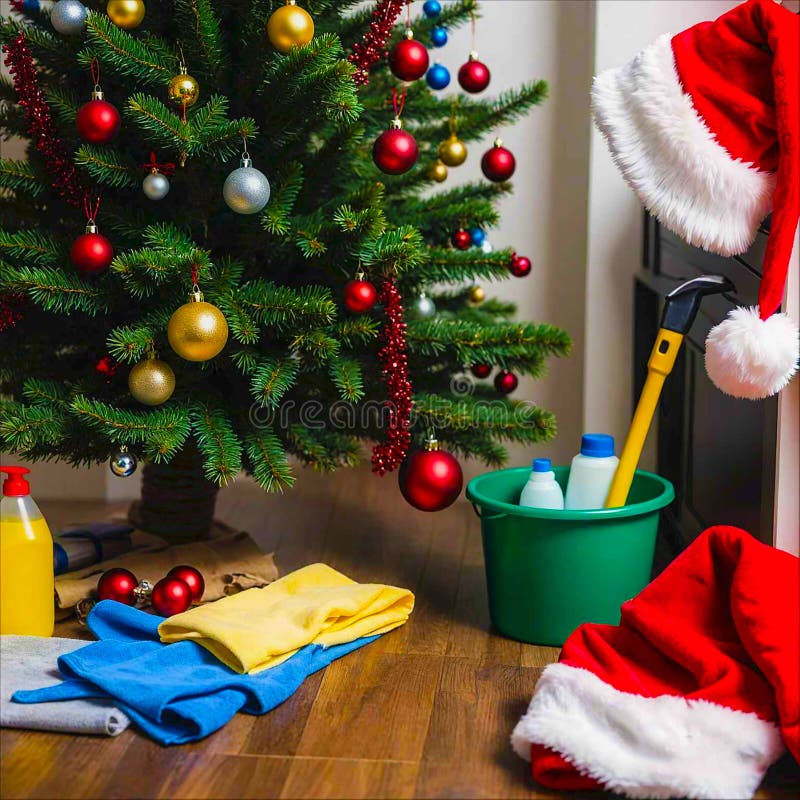 Christmas Tree and Cleaning Supplies with Santa Hat. Ai Generated Stock ...