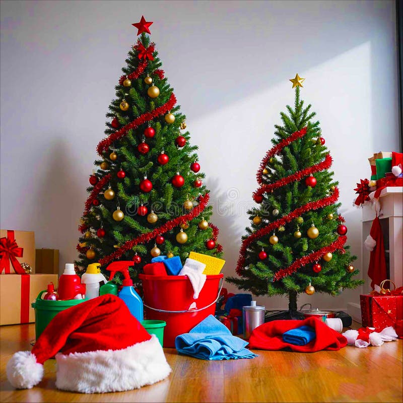 Christmas Tree and Cleaning Supplies with Santa Hat. Ai Generated Stock ...
