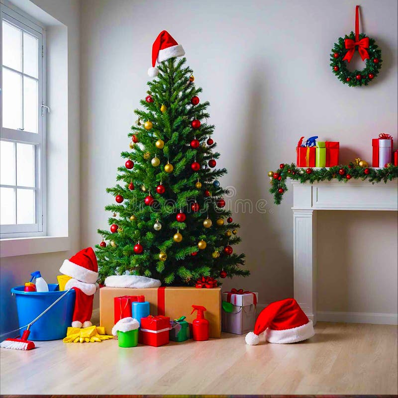 Christmas Tree and Cleaning Supplies with Santa Hat. Ai Generated Stock ...