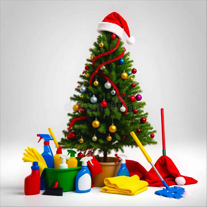 Christmas Tree and Cleaning Supplies with Santa Hat.ai Generated Stock ...