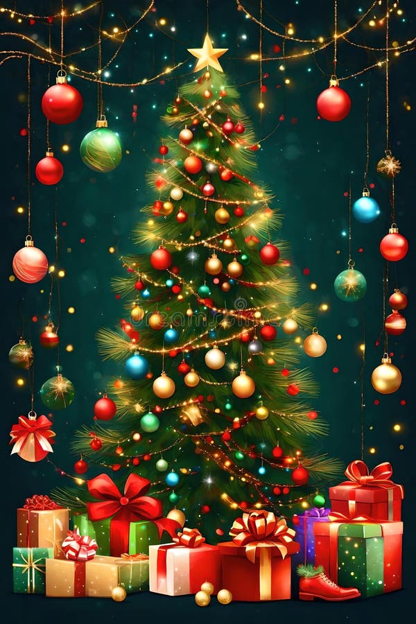 Christmas Tree with Colorful Decoration of Xmas Objects and Gift Boxes ...
