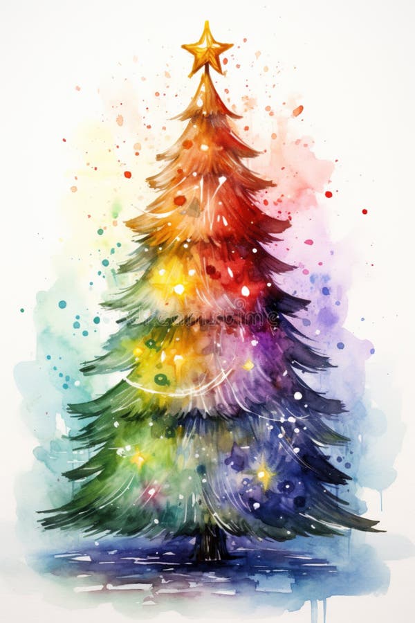 Christmas Tree in the Colors of the Rainbow. Watercolor Christmas ...