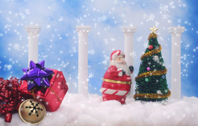 Christmas Tree and Columns on Cotton with Blue Sky. Christmas Scene ...