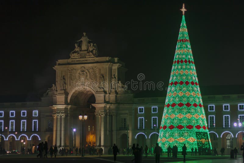Christmas Tree on Commerce Square at Night in Lisbon, Portugal ...