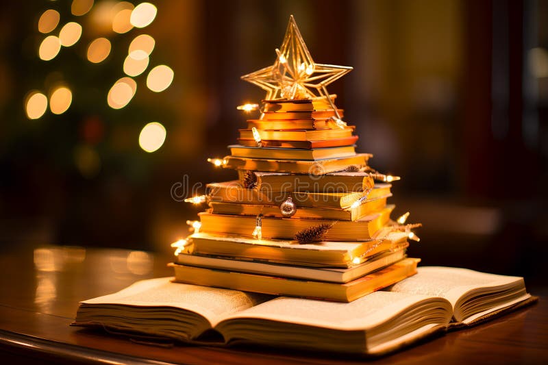 A Christmas Tree Consisting of Stacked Books, with Festive Decorations ...