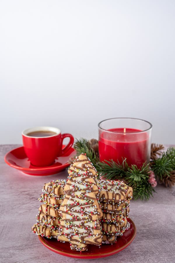 Christmas Tree Cookies and Tea Vertical Stock Image - Image of copy ...