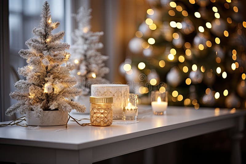 A Christmas Tree on a Counter with Candles and Stock Illustration ...