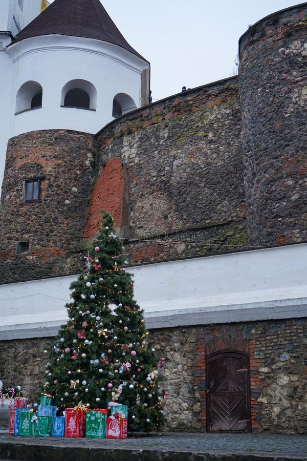 Christmas Tree in the Courtyard of an Ancient Castle. Vertical Stock ...
