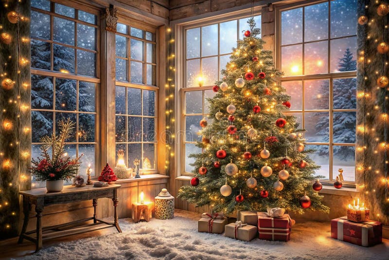 Christmas Tree in Cozy Cabin at Night Stock Illustration - Illustration ...