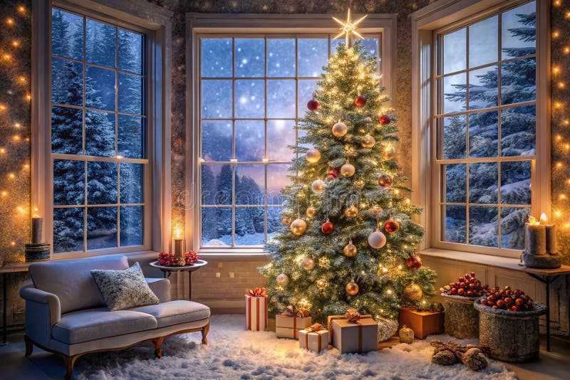 Christmas Tree in Cozy Room with Snowy Winter View Stock Illustration ...