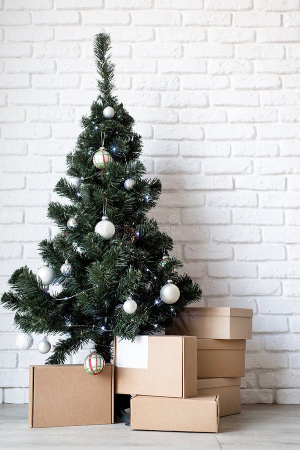 Christmas Tree and Craft Gift Boxes. Mockup Design Stock Image - Image ...