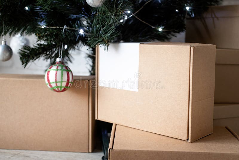 Christmas Tree and Craft Gift Boxes. Mockup Design Stock Photo - Image ...