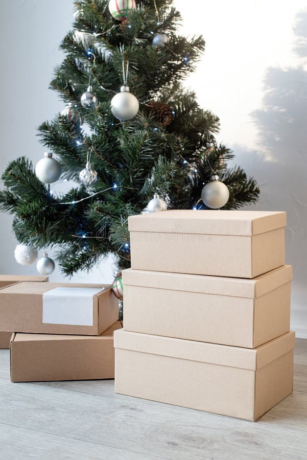 Christmas Tree and Craft Gift Boxes. Mockup Design Stock Image - Image ...