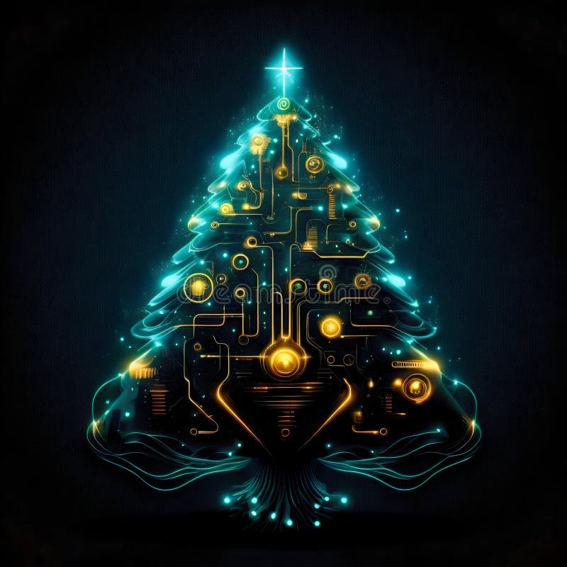 Christmas Tree in Cyberpunk Style on Dark Background Stock Illustration ...