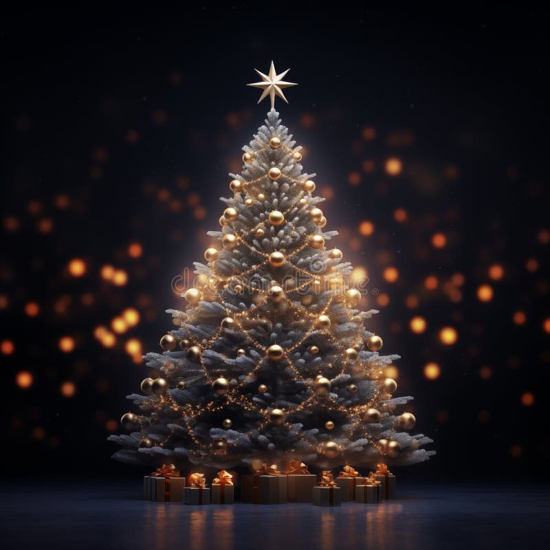 Christmas Tree Dark Black Glowing Lights Background Stock Illustration ...