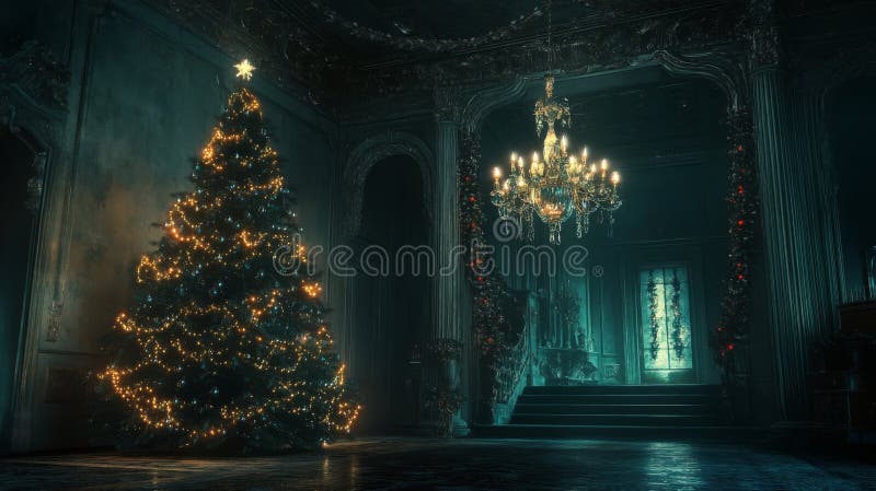 Christmas Tree in a Dark, Ornate, and Possibly Haunted Mansion Stock ...