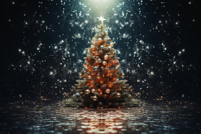 A Christmas Tree in a Dark Room with Snow Falling Stock Illustration ...