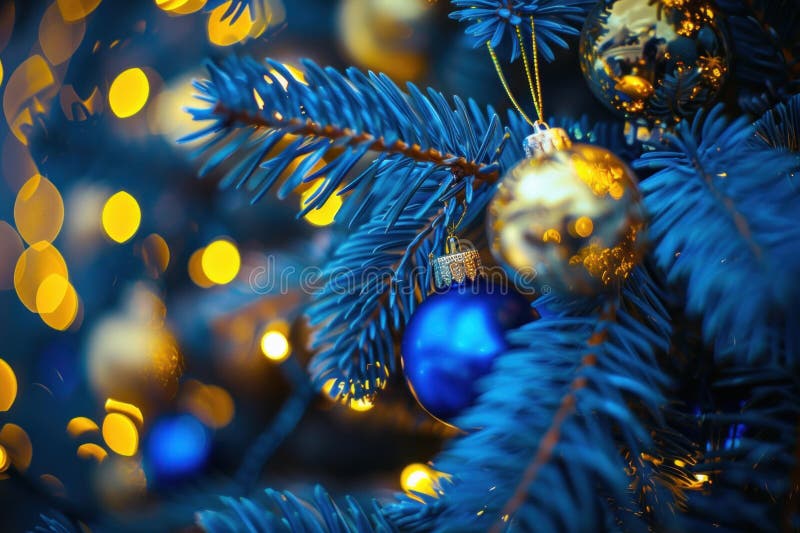 Christmas Tree Decorated with Blue and Gold Baubles is Sparkling on ...