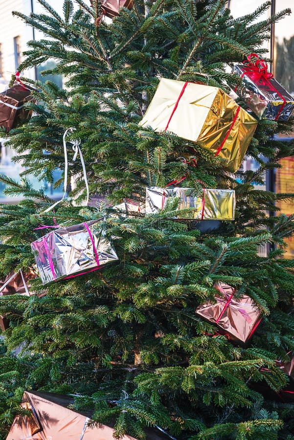 Christmas Tree Decorated by Gift Boxes Stock Photo - Image of cozy ...