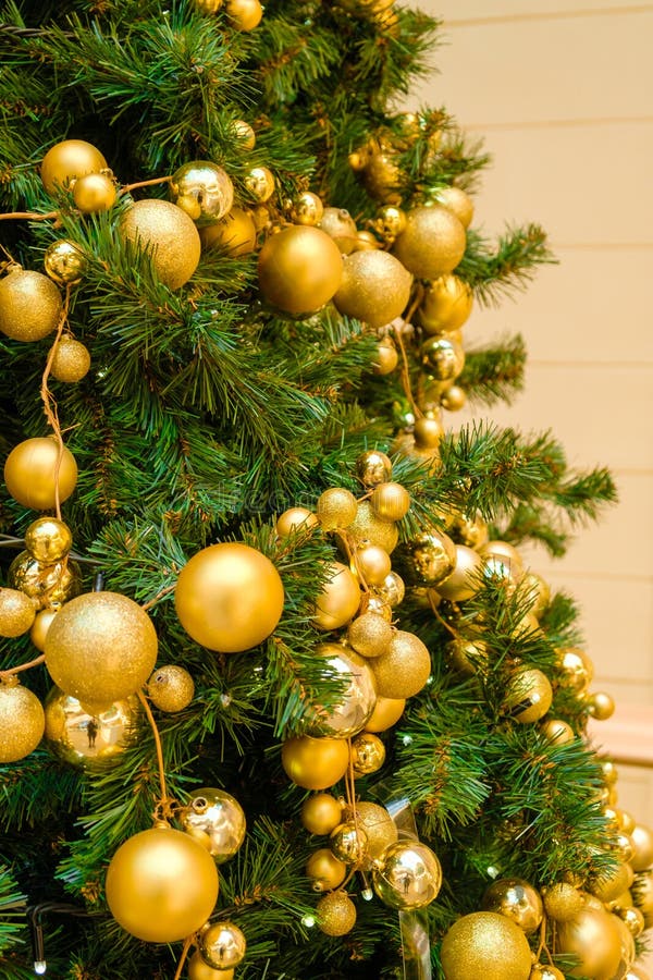 Christmas Tree Decorated with Golden Balls Stock Photo - Image of merry ...