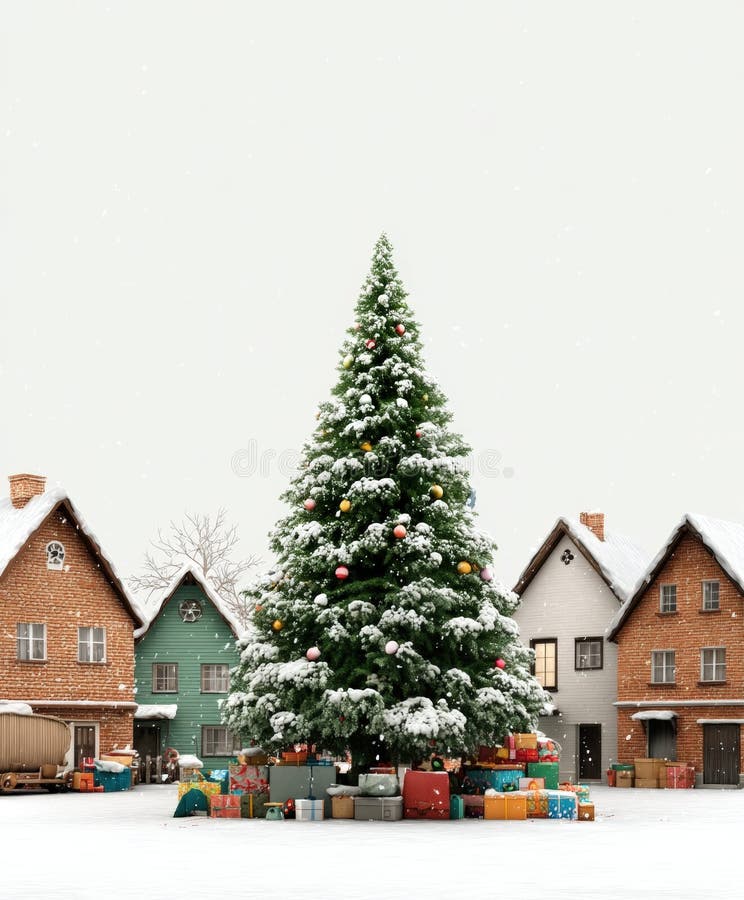 Christmas Tree Decorated with Lights and Presents in Front of a House ...
