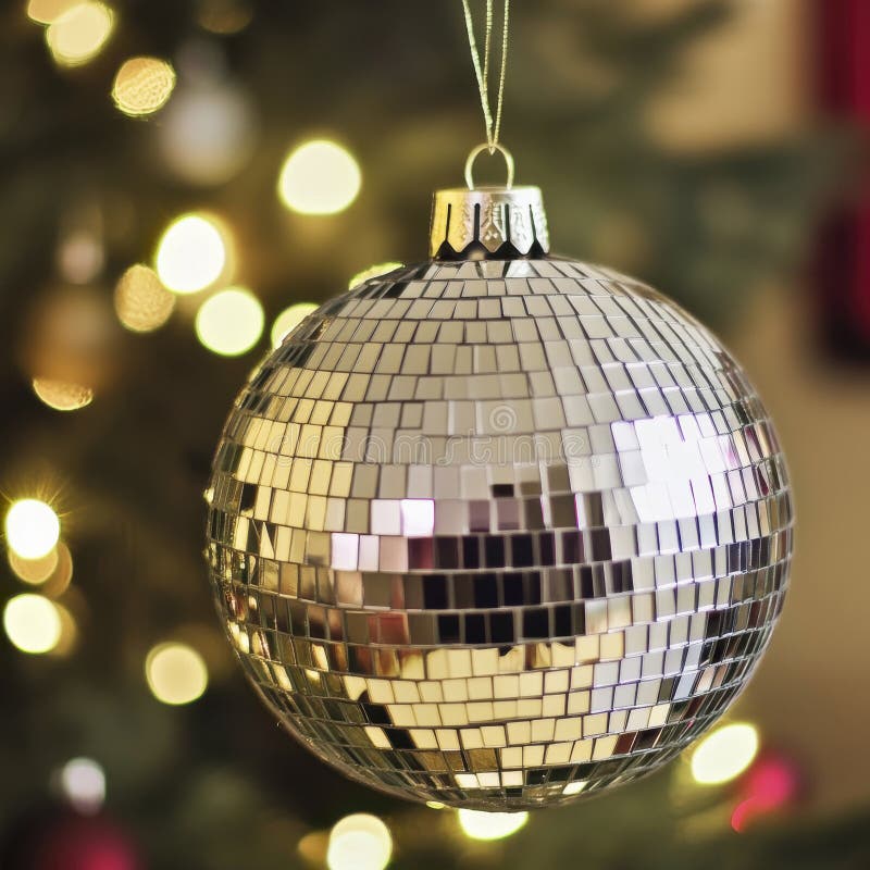 Christmas Tree Decorated with Mirror Disco Ball. Stock Image - Image of ...