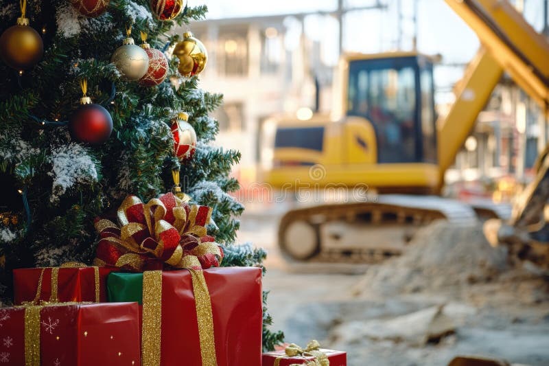 A Christmas Tree Decorated with Presents Surrounded by a Bulldozer in ...