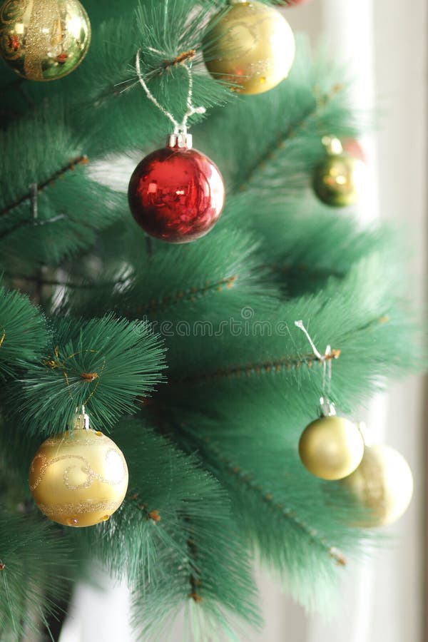 Christmas Tree Decorated with Red and Royal Balls Stock Photo - Image ...