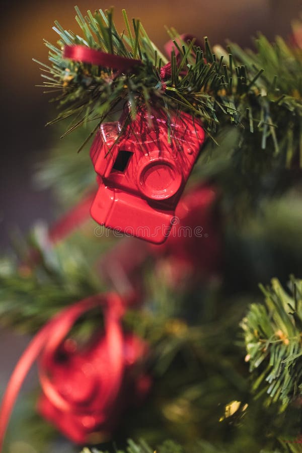Christmas Tree Decorated with Small Figures of Red Photo Camera Stock ...