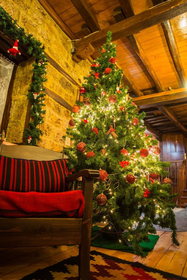 Christmas Tree Decorated with Toys, Lights and Garlands, Greece Stock ...